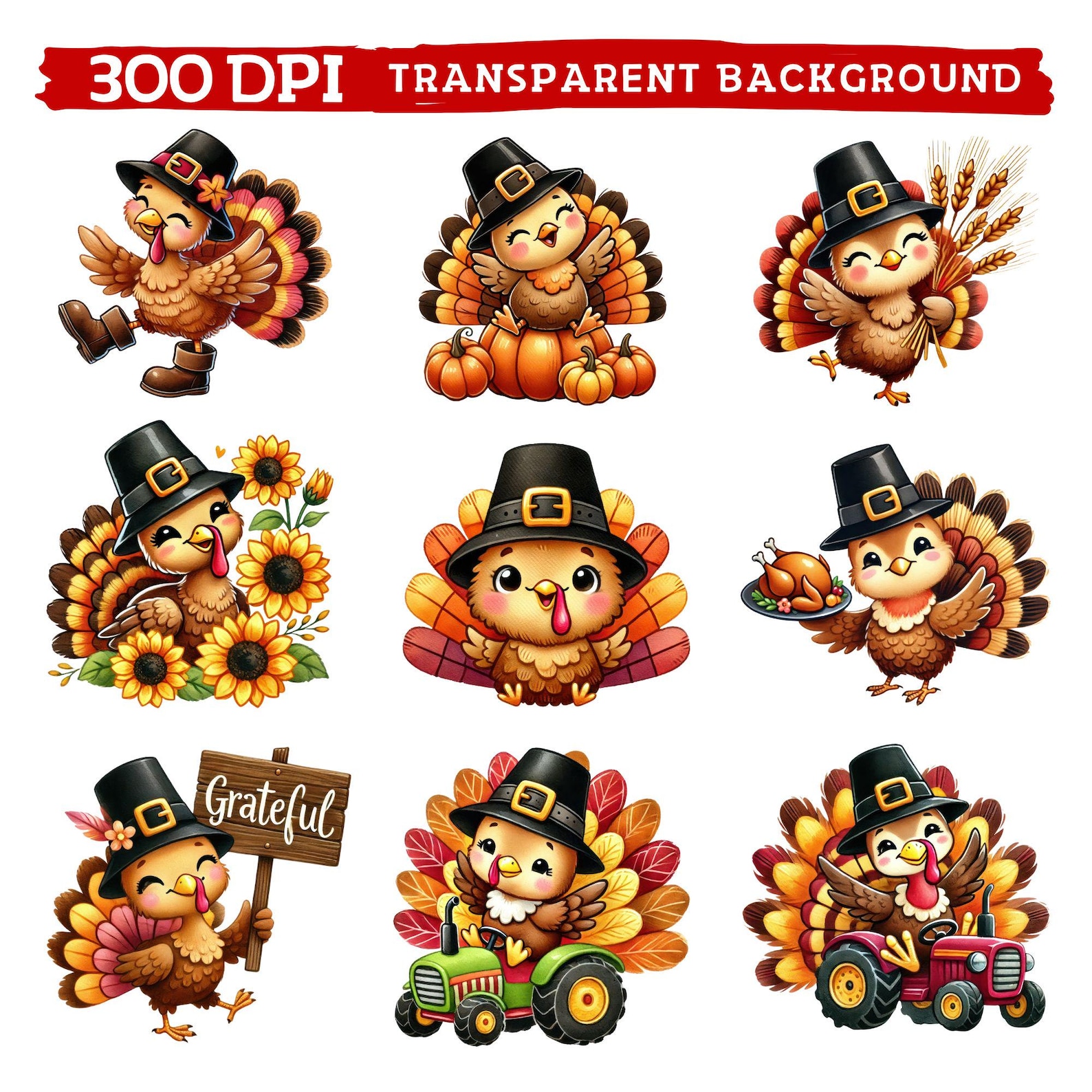 Thanksgiving Turkey Clipart, Watercolor Cute Fall Turkeys, Autumn ...