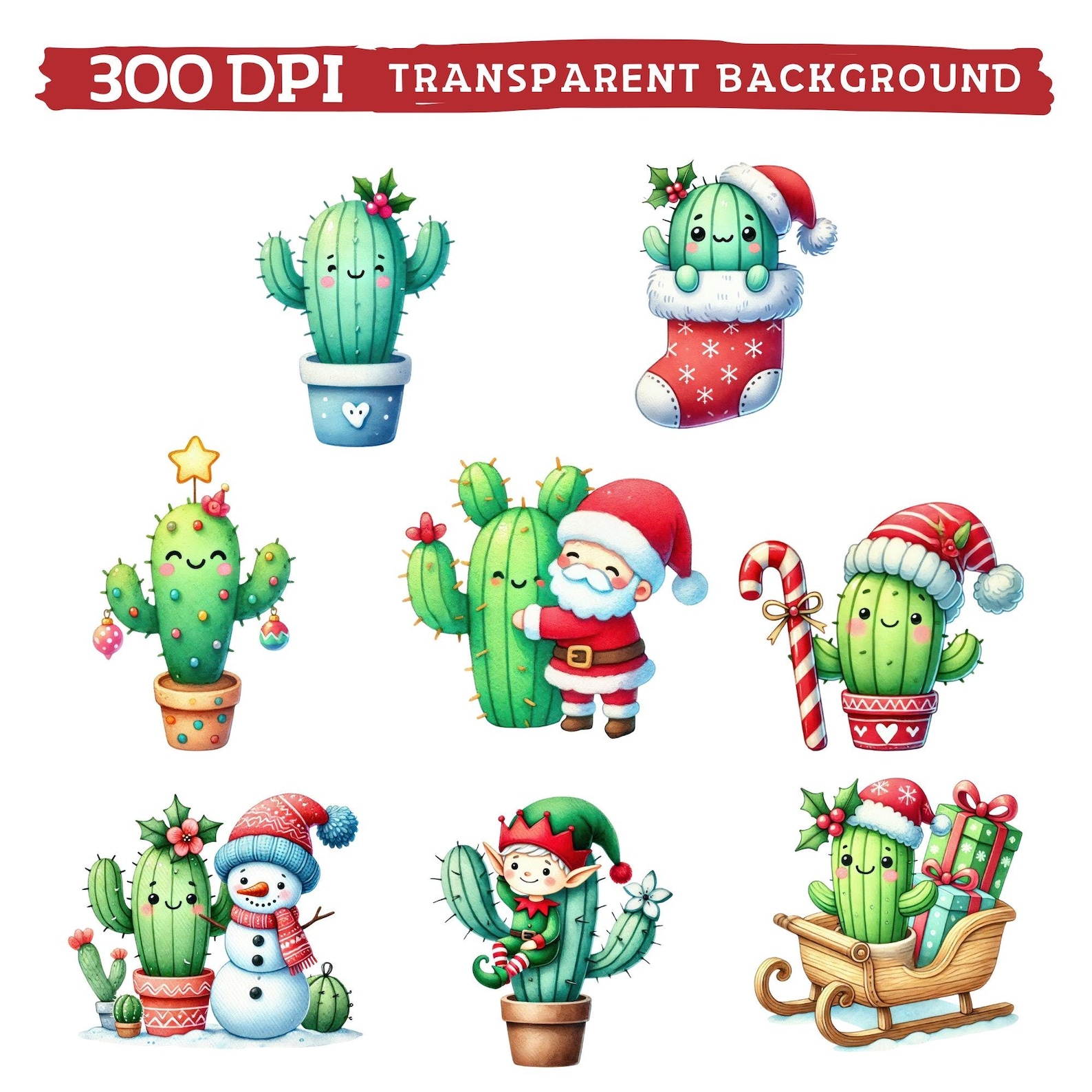 Cactus Christmas Clipart, Watercolor Holiday Plant, Festive Santa ...