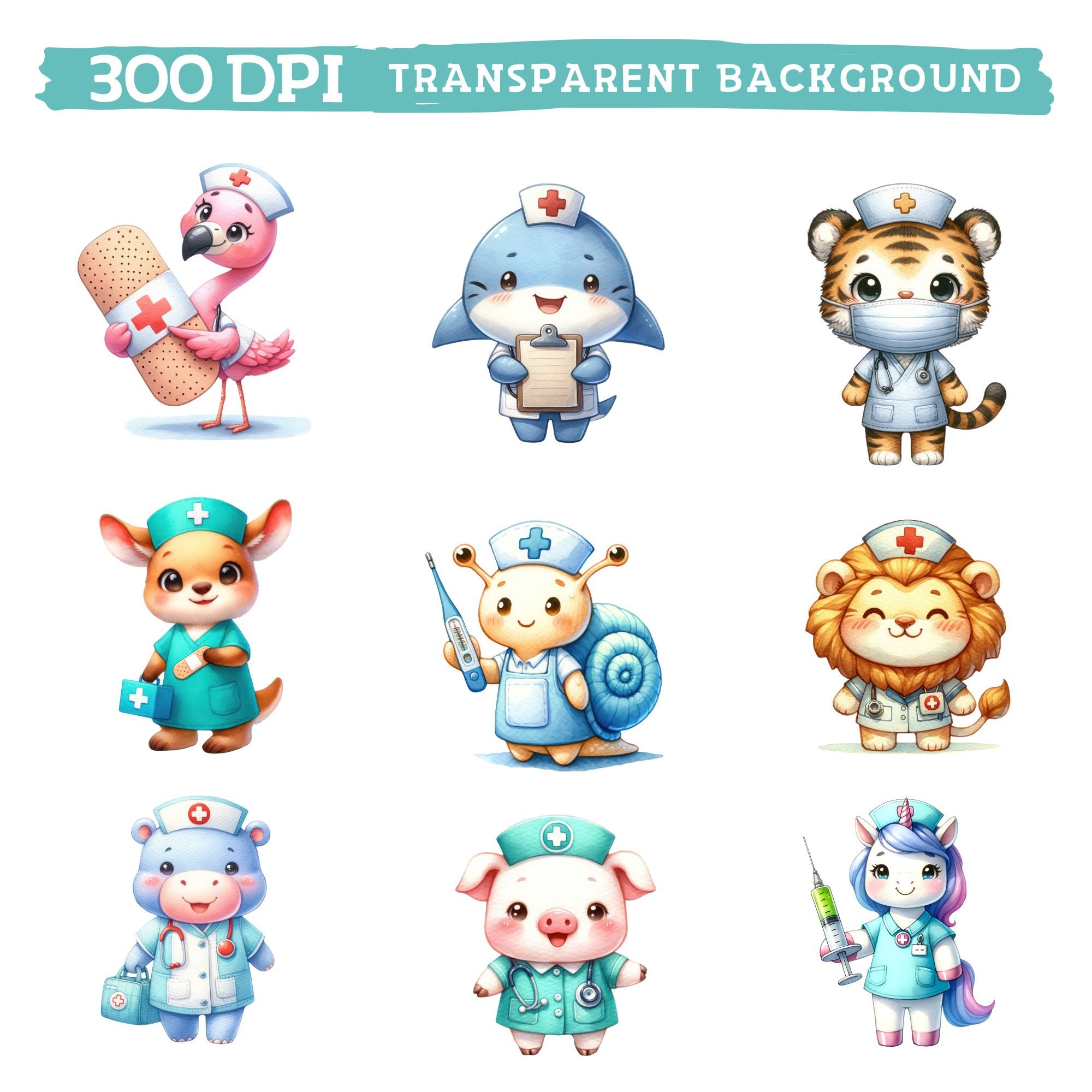 Nurse Animals Clipart, Watercolor Cute Nursing Doctor Baby Animal ...