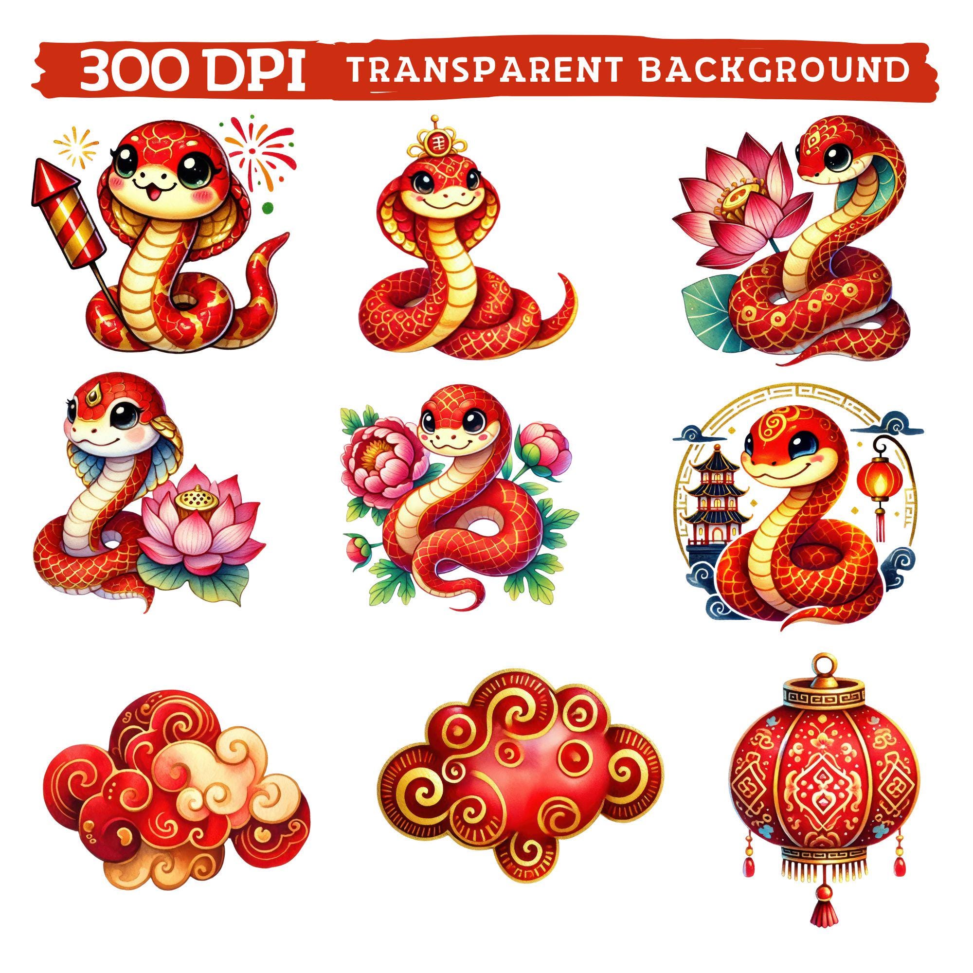 Chinese New Year Snake Clipart, Watercolor Red Gold Snake, HNY 2025 ...