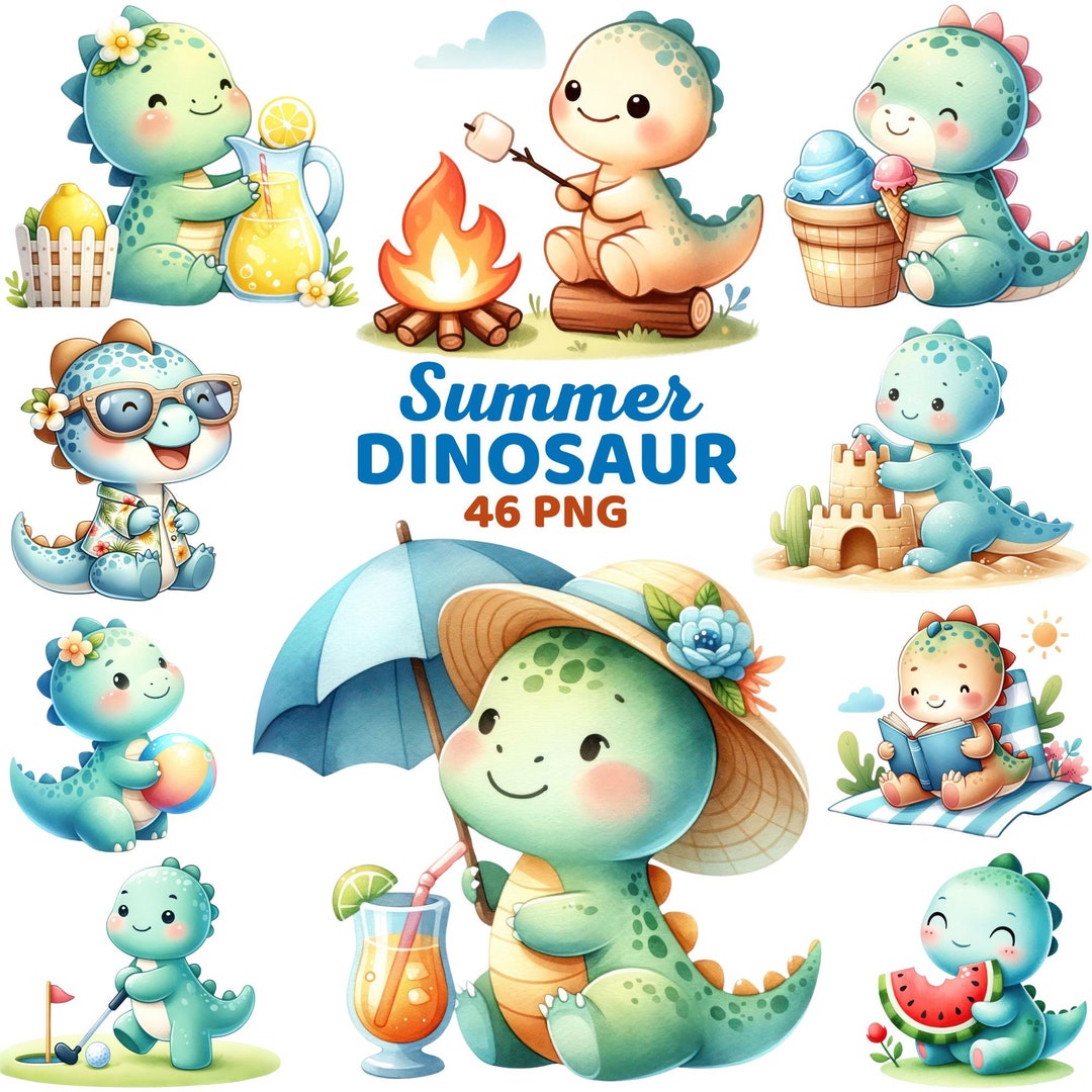 Watercolor Cute Dinosaur Clipart, Summer Beach Dinosaurs Nursery ...
