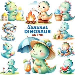 Watercolor Cute Dinosaur Clipart, Summer Beach Dinosaurs Nursery ...