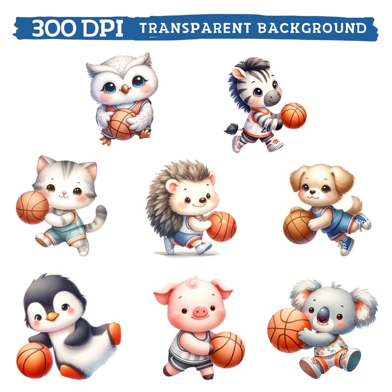 Basketball Animals Clipart, Watercolor Cute Cartoon Sports Nursery ...