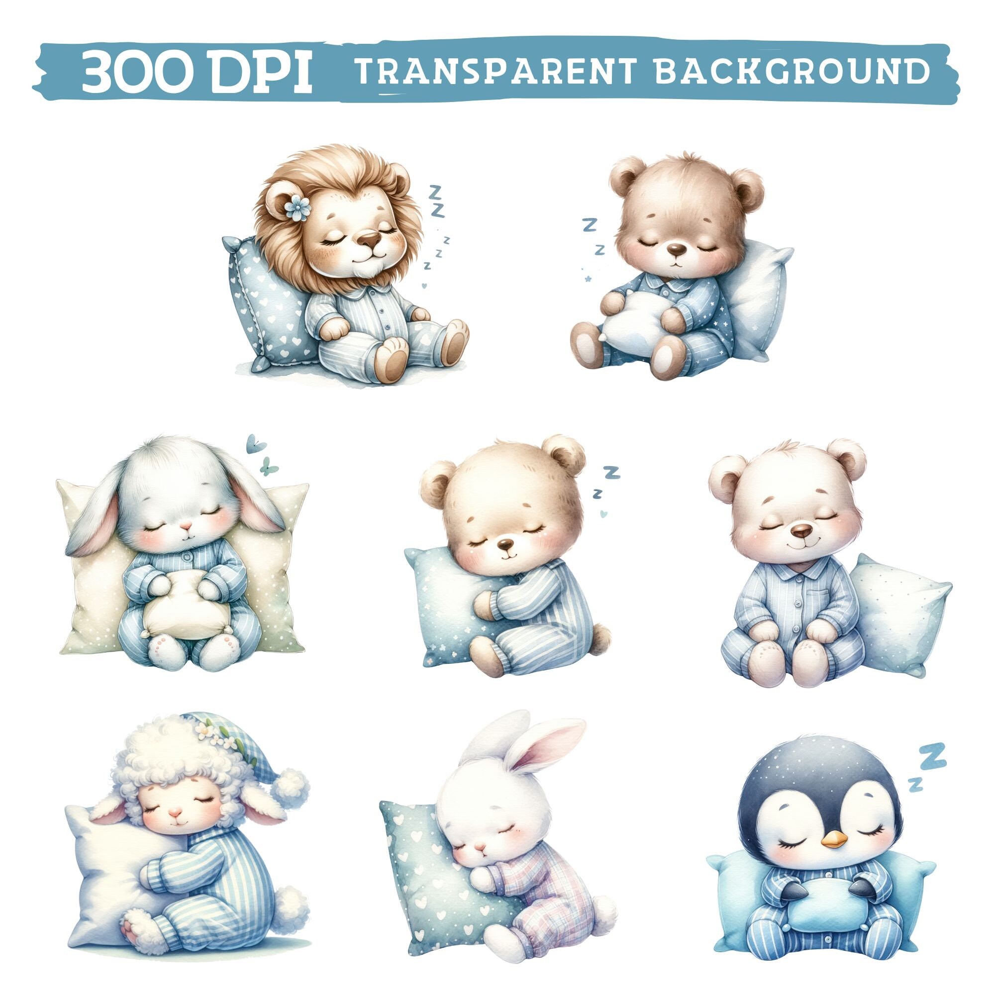 Watercolor Cute Sleepy Animals Clipart, Pajamas Sleeping Baby Animal ...