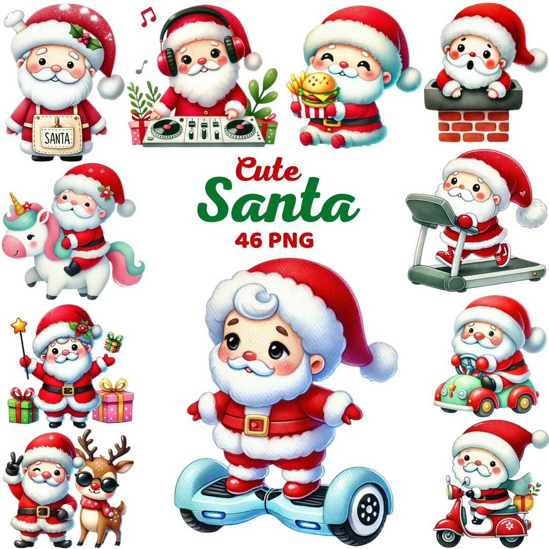 Cute Santa Clipart, Watercolor Cute Holiday Christmas, Funny Winter ...