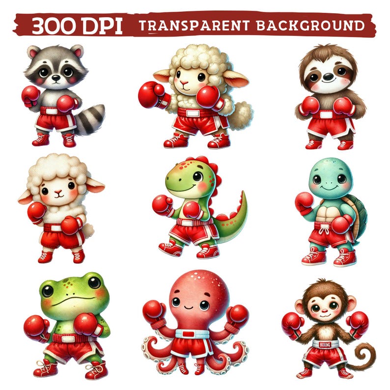 Boxing Animal Clipart, Watercolor Cute Fighter Nursery Decor, Red ...