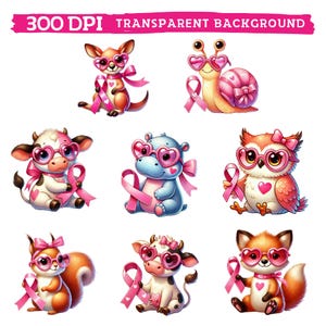 Cute Breast Cancer Awareness Animals Clipart, Watercolor Pink Ribbon ...