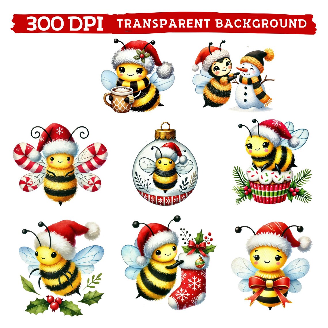 Christmas Bee Clipart, Watercolor Cute Holiday Bees, Nursery Decor ...