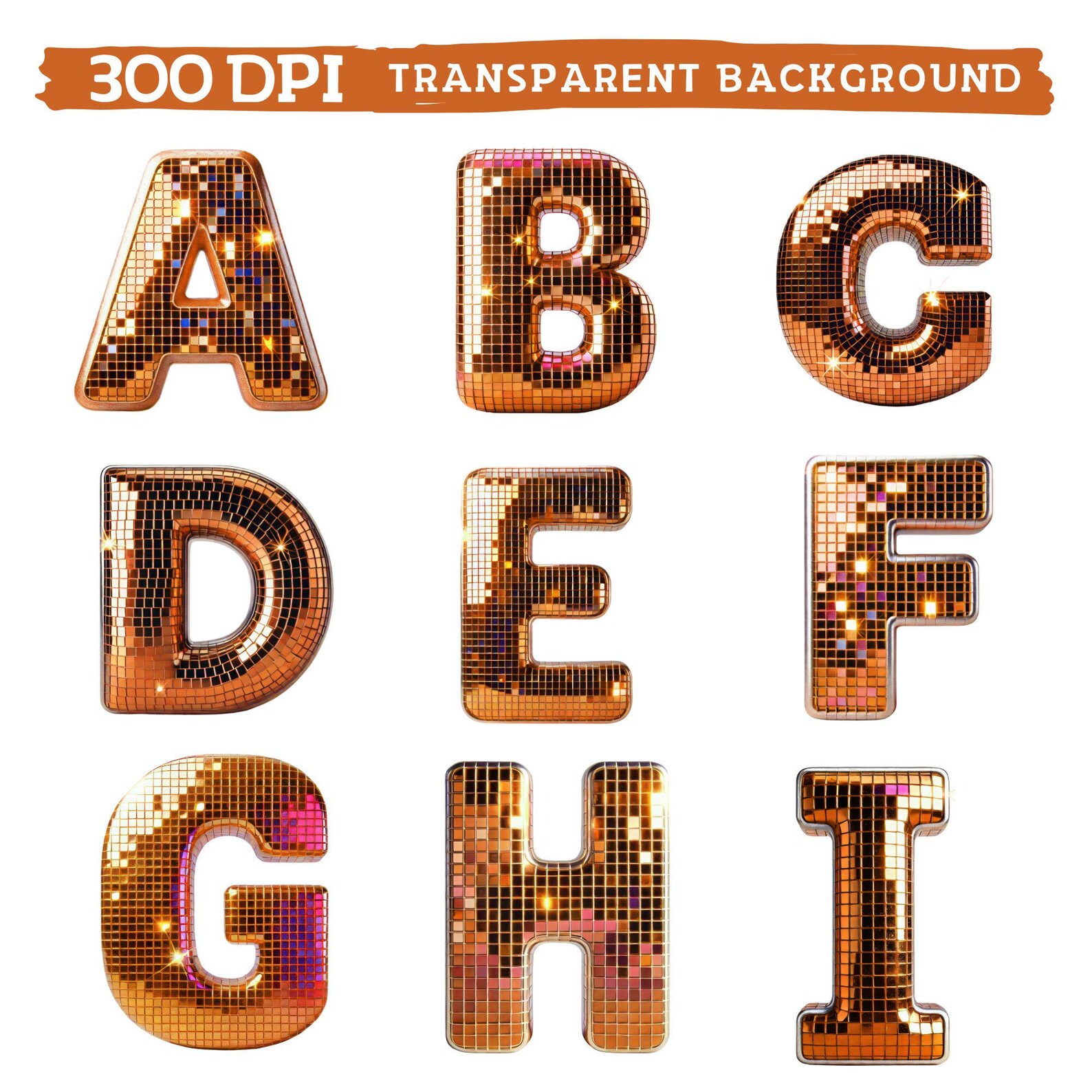 Retro Disco Alphabet Clipart, Orange Shiny Mirror Ball Letters ...