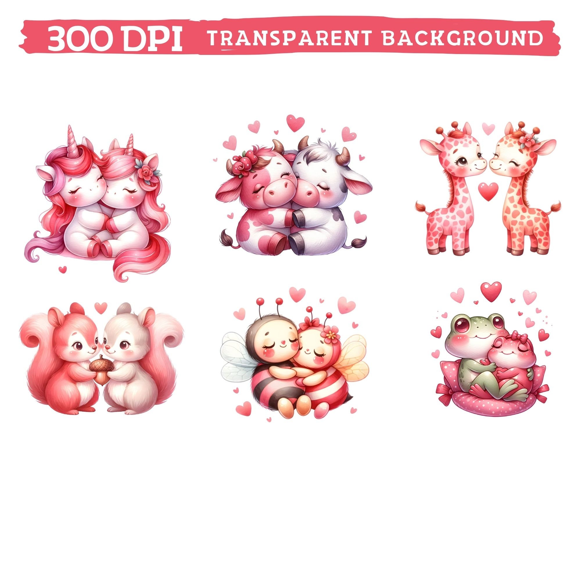 Watercolor Cute Couple Animals Clipart, Pink Romantic Baby Animal ...