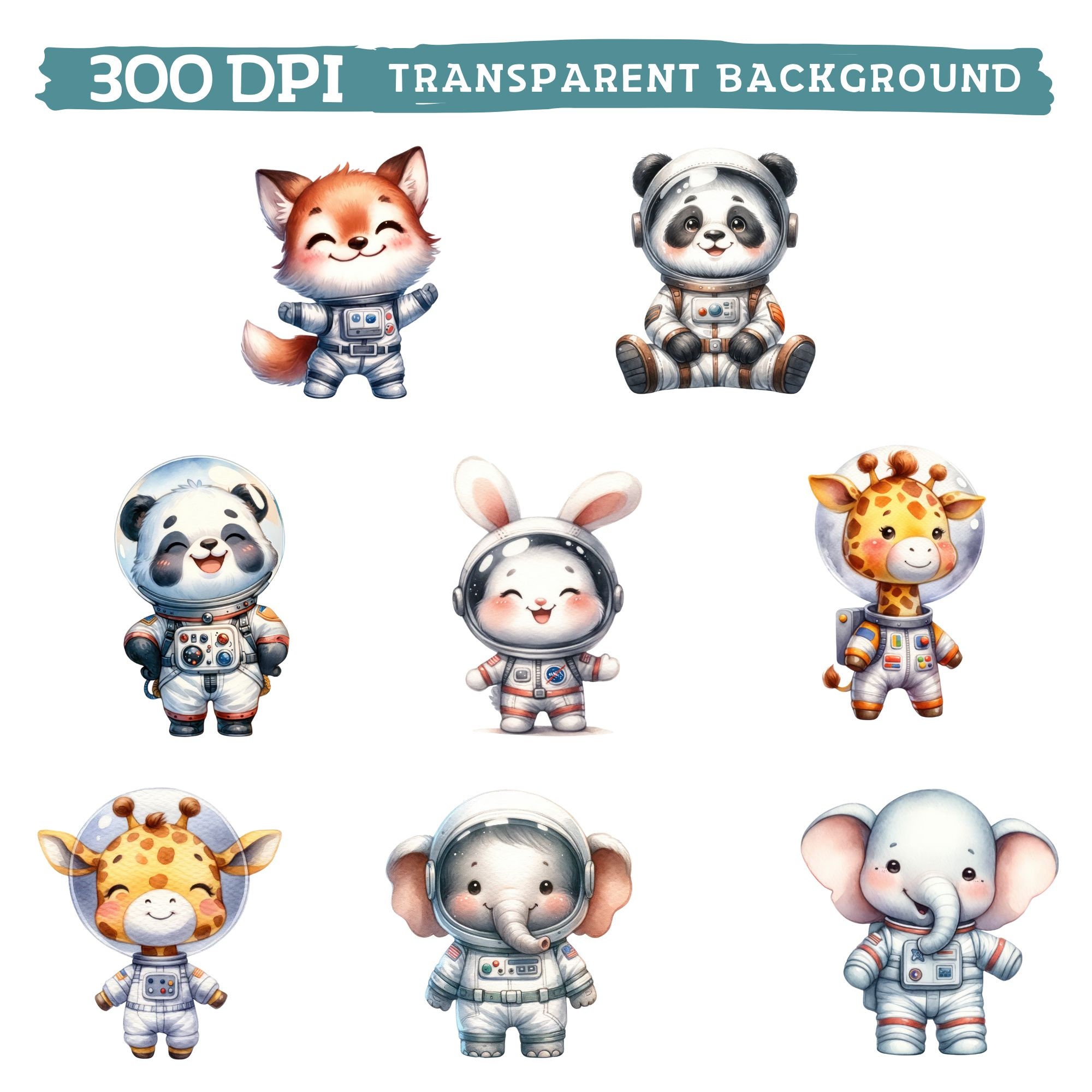 Cute Astronaut Animals Clipart, Watercolor Baby Animal Nursery, Fantasy ...