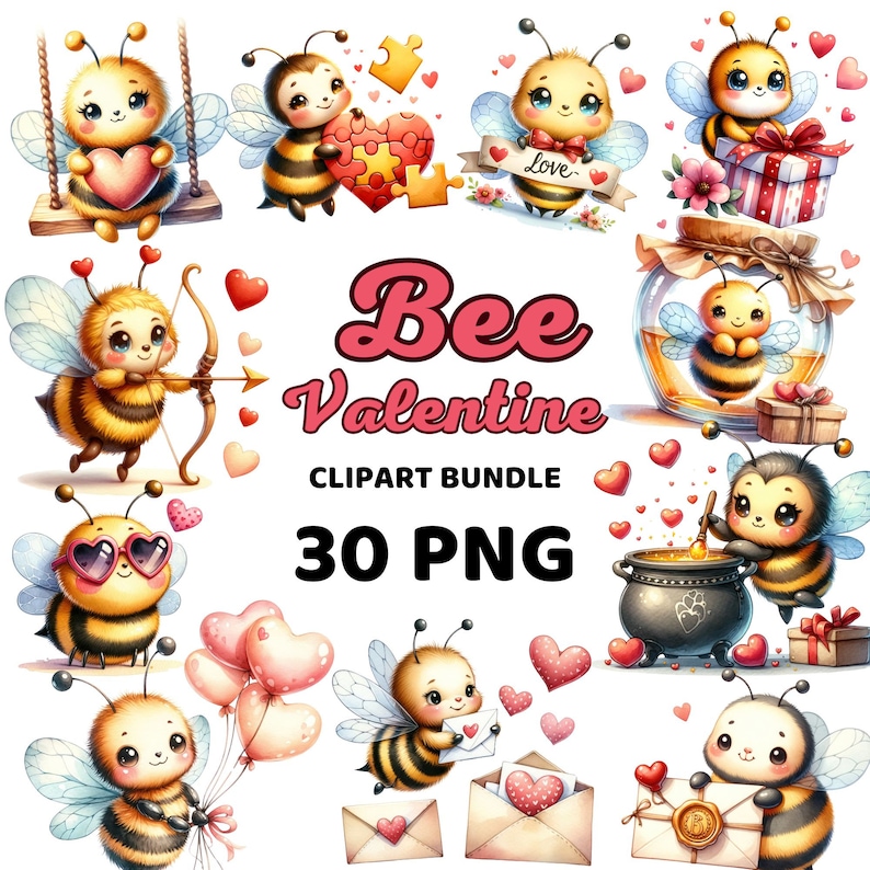 Watercolor Bees Valentine Clipart Png, Bees Valentine, Love Bee Clipart ...
