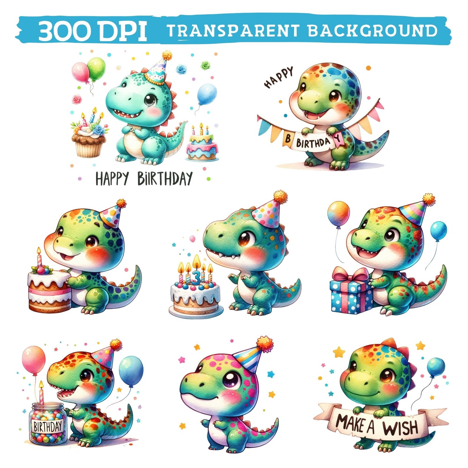 Watercolor Cute Dinosaur Birthday Clipart, Dinosaur Nursery Png, T-rex ...