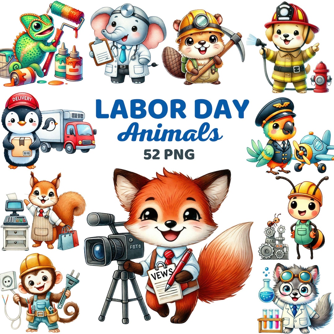 Labor Day Animals Clipart, Watercolor Cute Animal Workers, Occupation ...