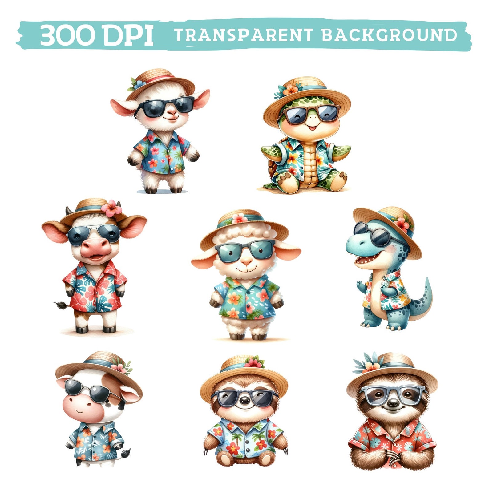 Cute Hawaiian Animals Clipart, Watercolor Beach Party, Aloha Theme ...