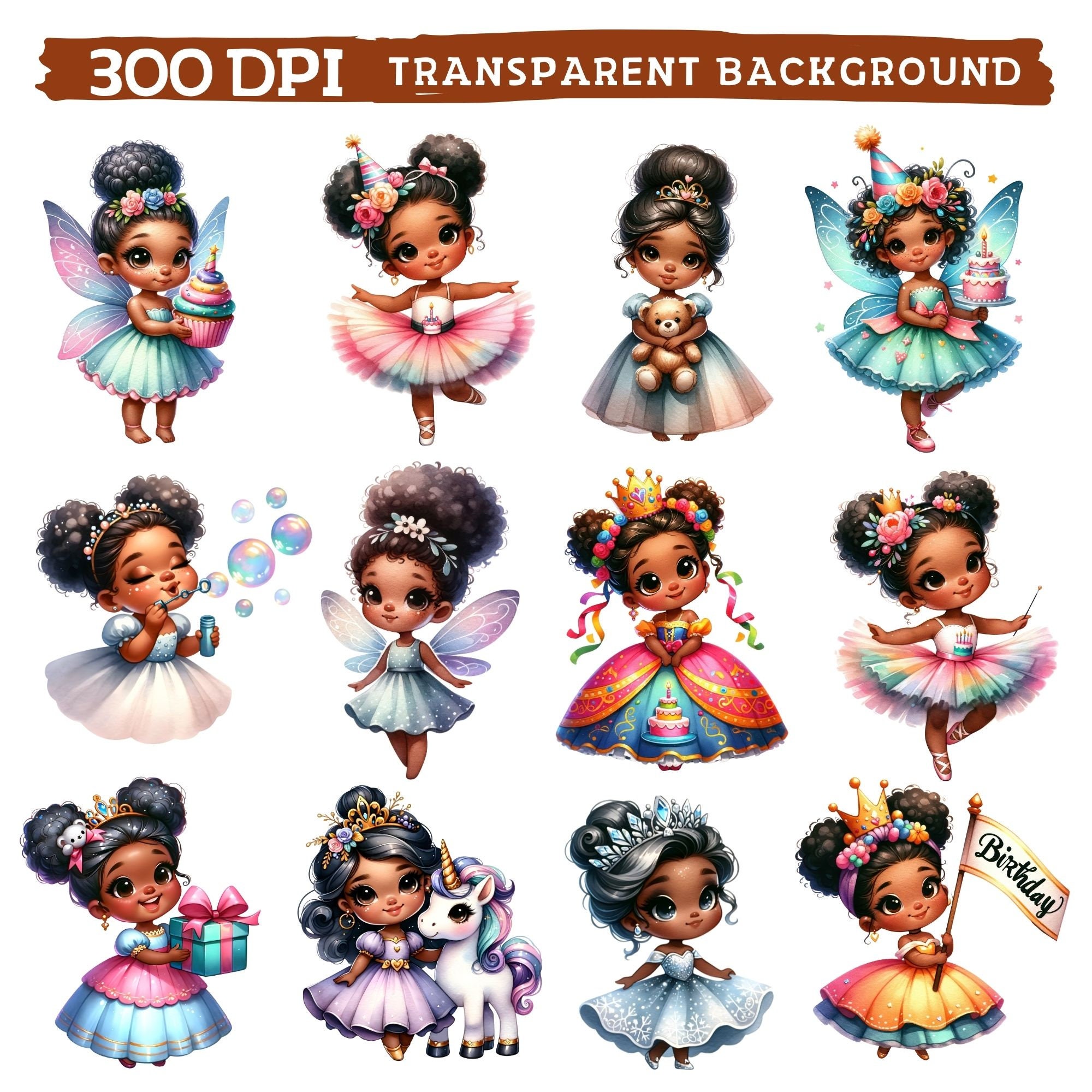Watercolor Cute African American Princess Clipart, Black Princess Party ...