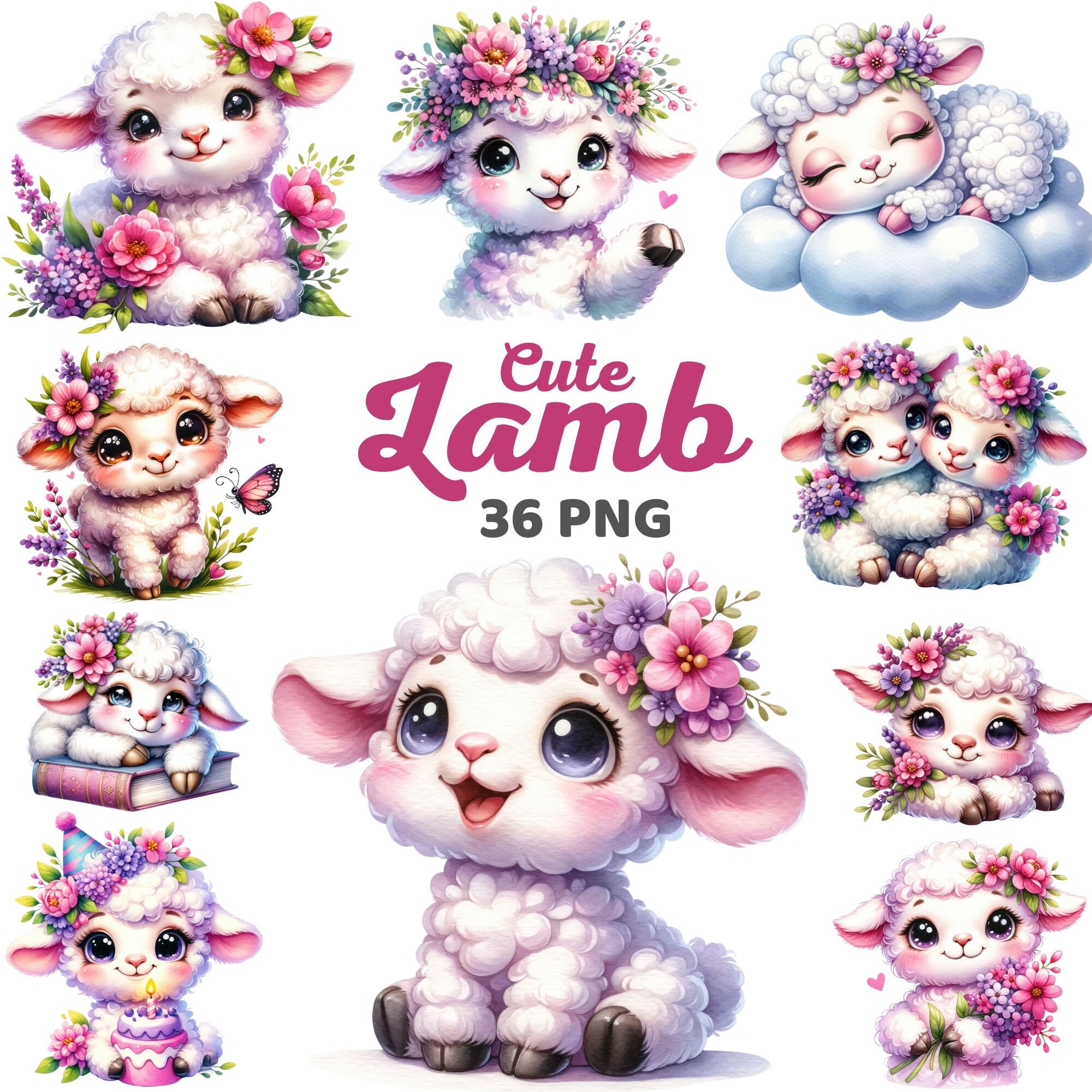 Cute Lamb Clipart, Watercolor Floral Sheep Easter & Spring Nursery ...
