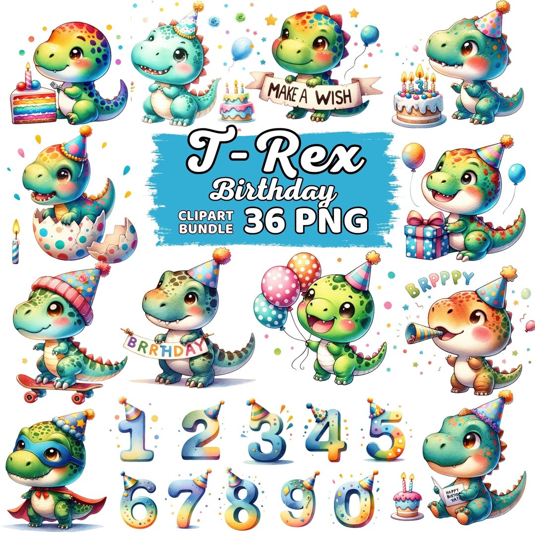 Watercolor Cute Dinosaur Birthday Clipart, Dinosaur Nursery Png, T-rex ...