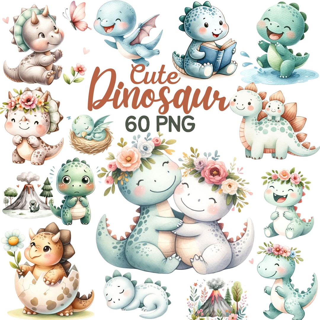 Watercolor Cute Dinosaurs Clipart, T-rex Dinosaur Nursery Sublimation ...