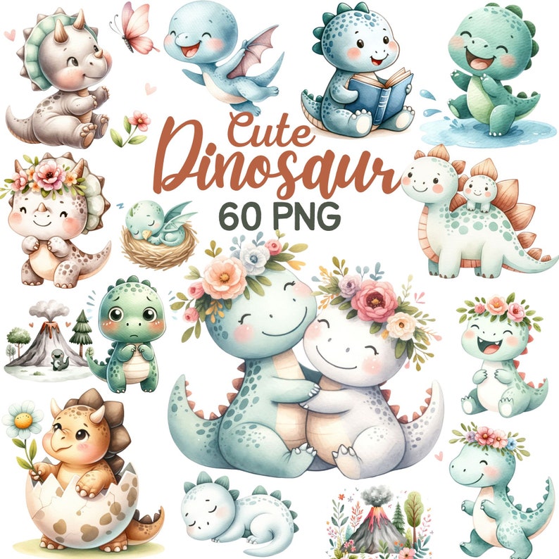 Watercolor Cute Dinosaurs Clipart, T-rex Dinosaur Nursery Sublimation ...