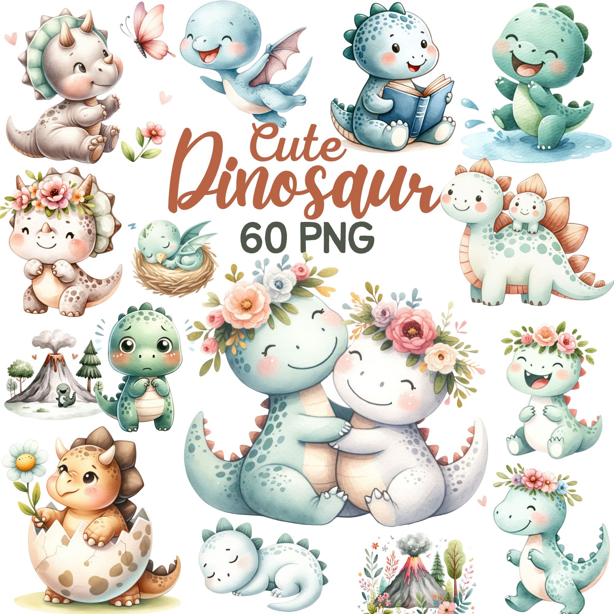 Watercolor Cute Dinosaurs Clipart, T-rex Dinosaur Nursery Sublimation ...