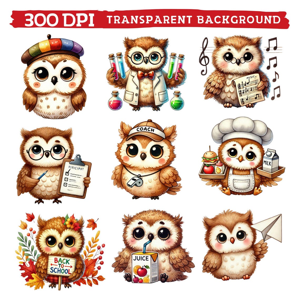 Owl Back to School Clipart, Watercolor Cute Teacher Student Classroom ...