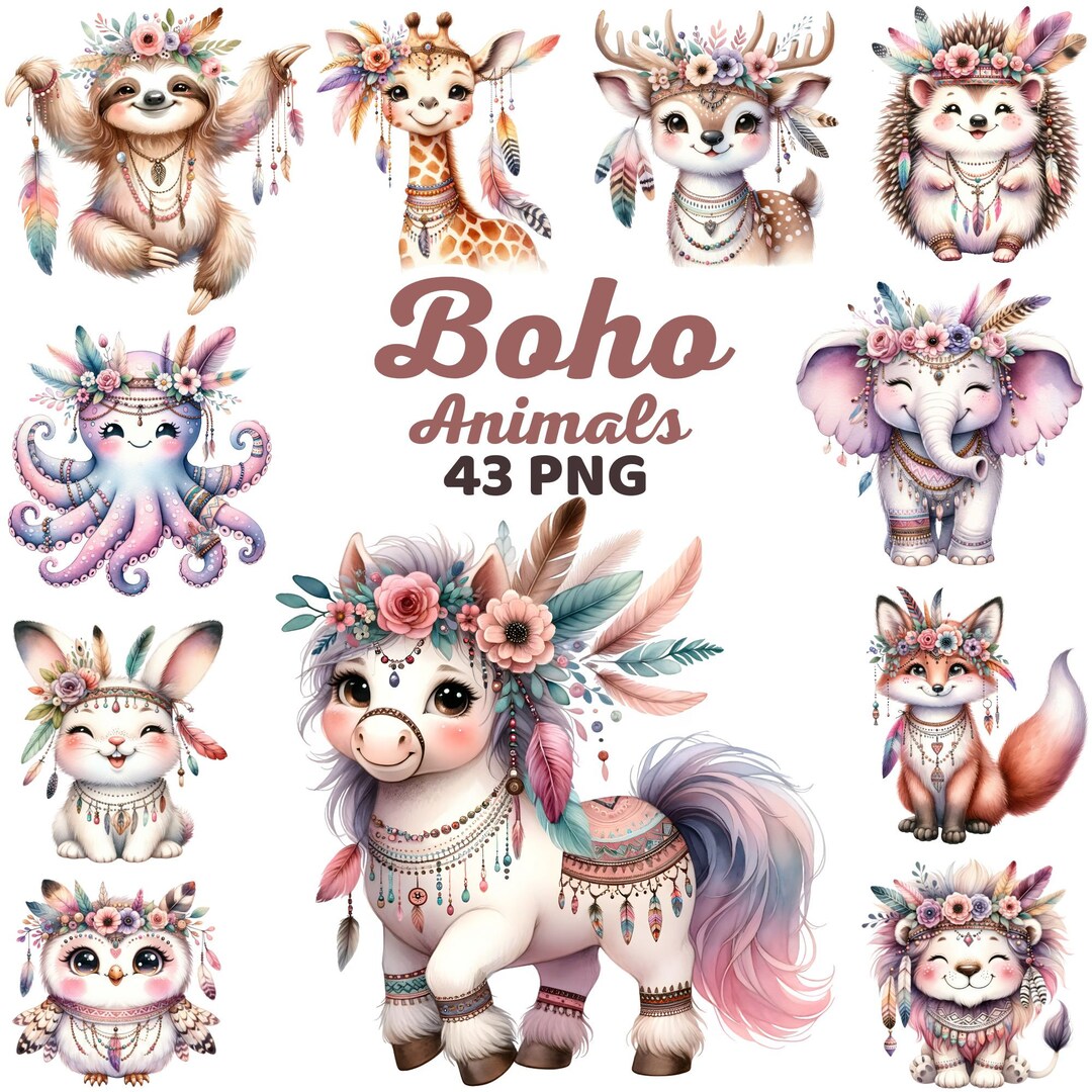 Whimsical Boho Animal Clipart Collection, Watercolor Cute Forest ...