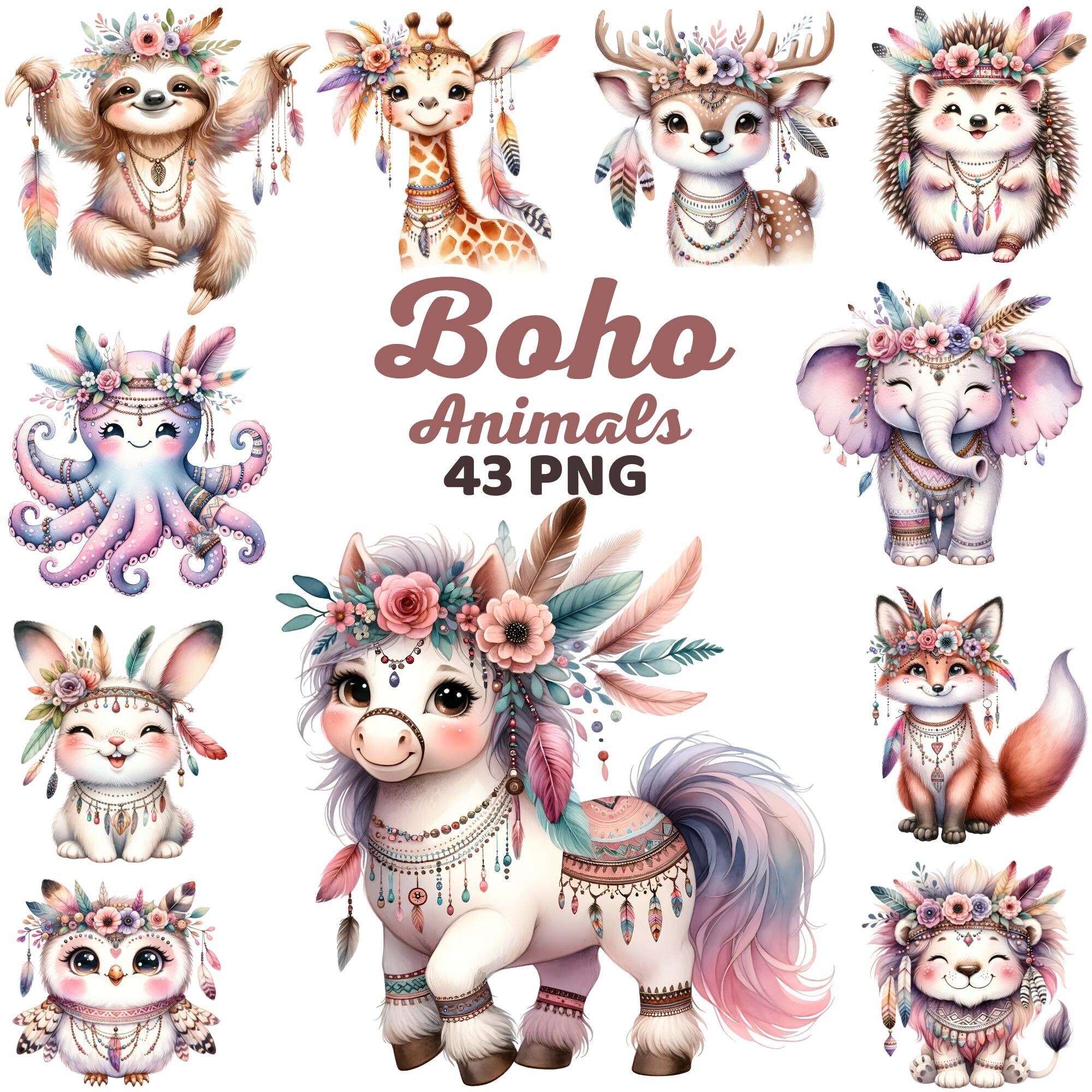 Whimsical Boho Animal Clipart Collection, Watercolor Cute Forest ...