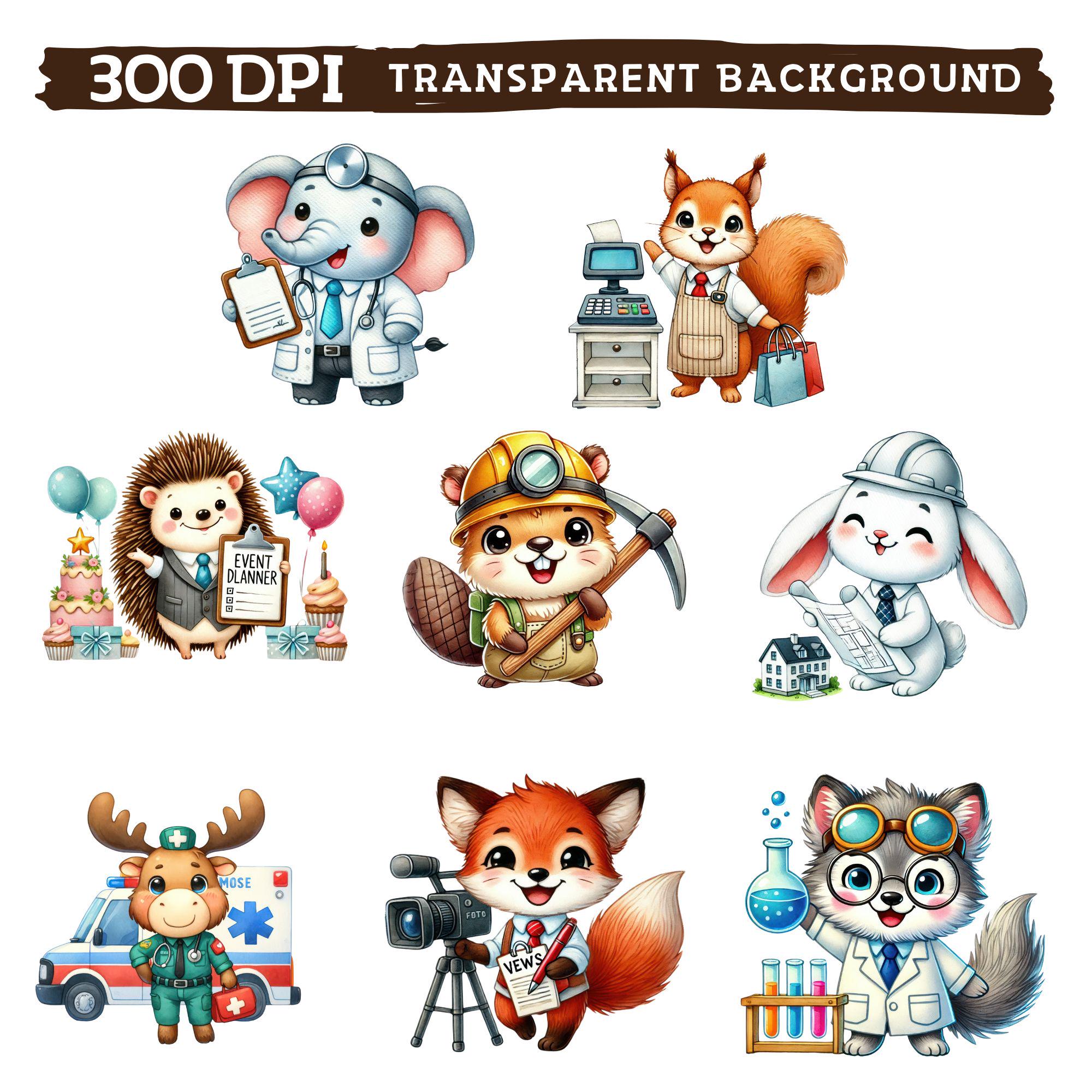 Labor Day Animals Clipart, Watercolor Cute Animal Workers, Occupation ...