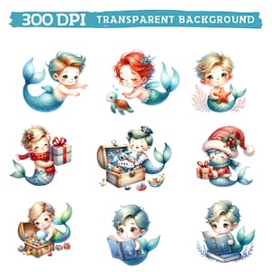 Adorable Merman Clipart Bundle, Watercolor Kid-friendly Mermaid Nursery ...