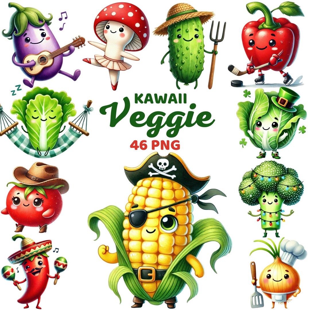 Kawaii Veggie Clipart, Watercolor Cute Vegetables Nursery Decor, Kids ...