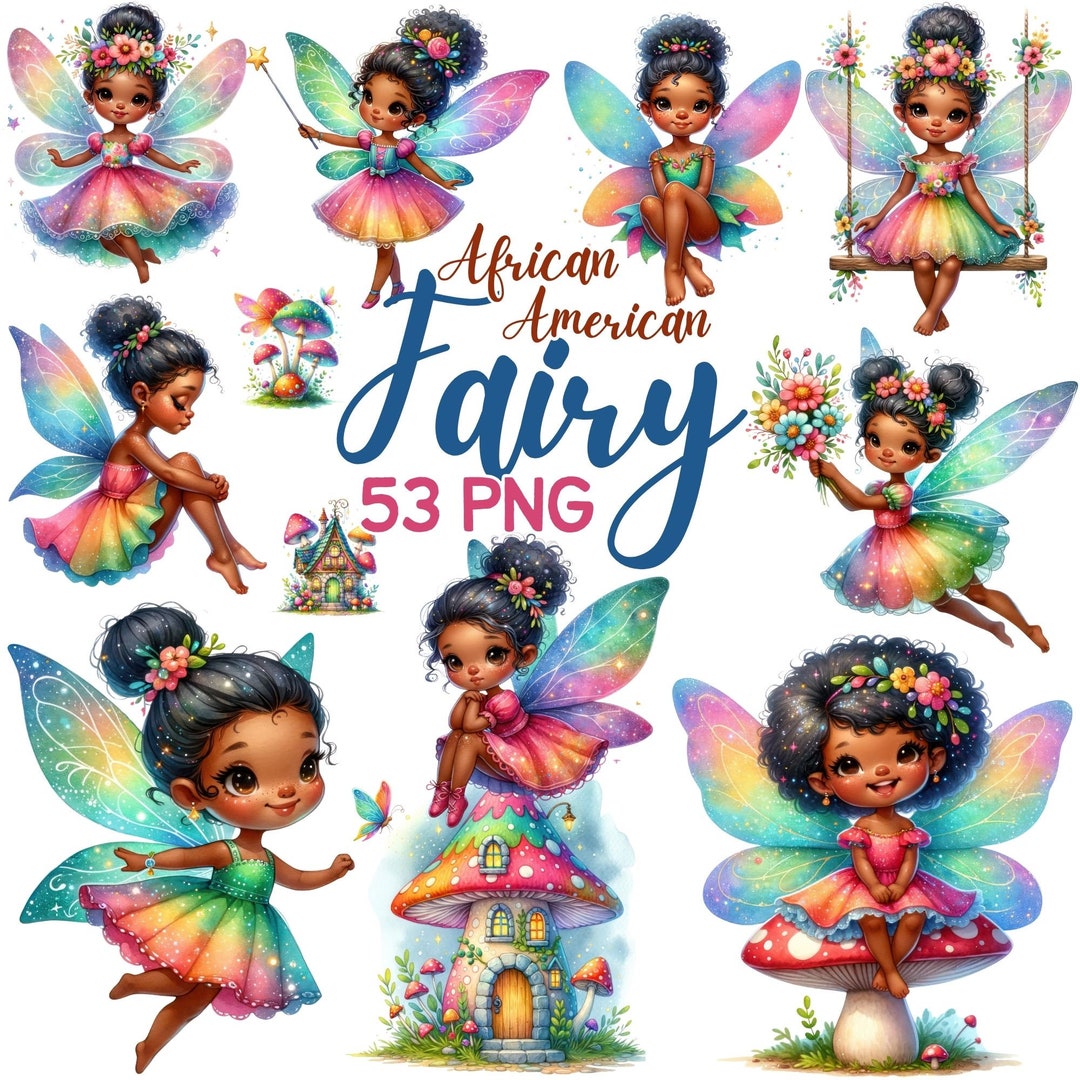 Watercolor Cute African American Fairy Clipart, Magical Fairy Garden ...