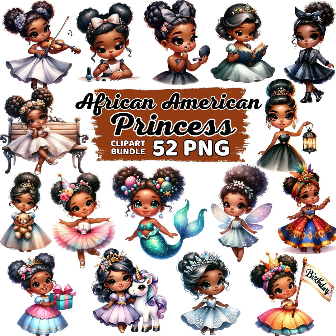 Watercolor Cute African American Princess Clipart, Black Princess Party ...