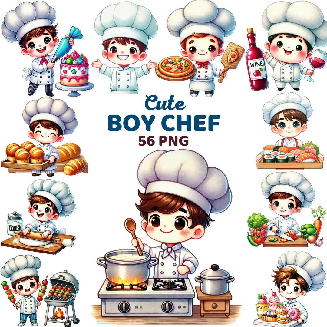 Cute Boy Chef Clipart, Watercolor Kids Kitchen, Cooking, Baking Nursery ...