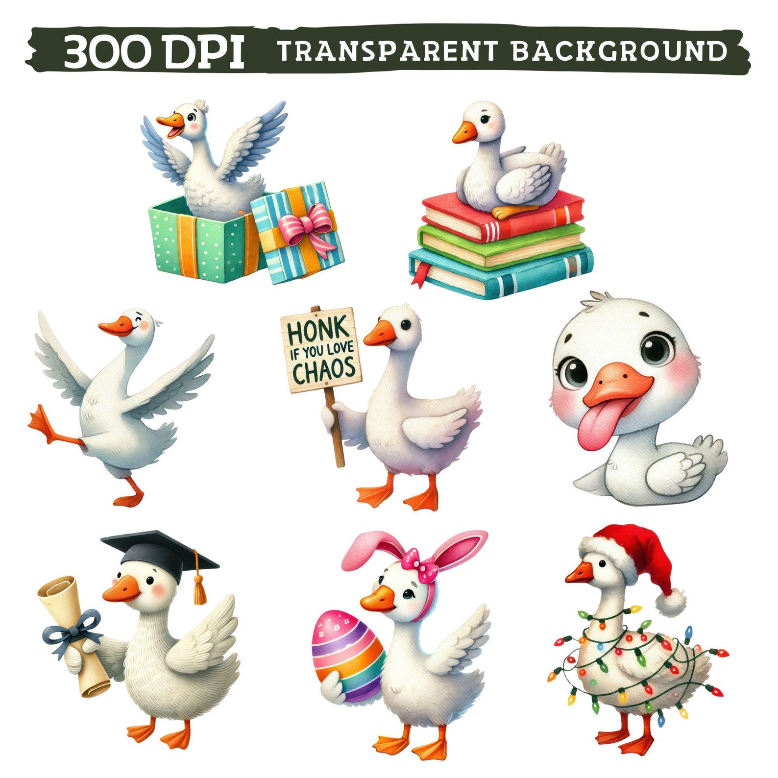 Funny Goose Clipart, Watercolor Cute Holiday Character Geese, Quirky ...