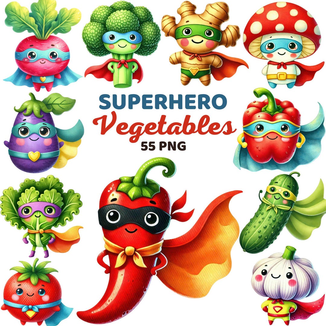 Superhero Vegetables Clipart, Watercolor Cute Healthy Food, Kids Veggie ...
