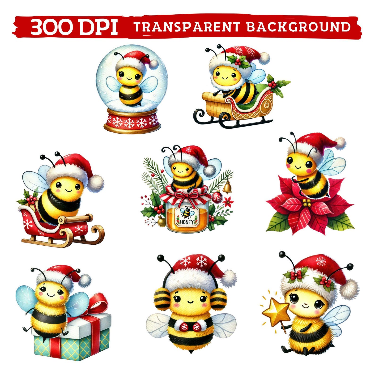 Christmas Bee Clipart, Watercolor Cute Holiday Bees, Nursery Decor ...