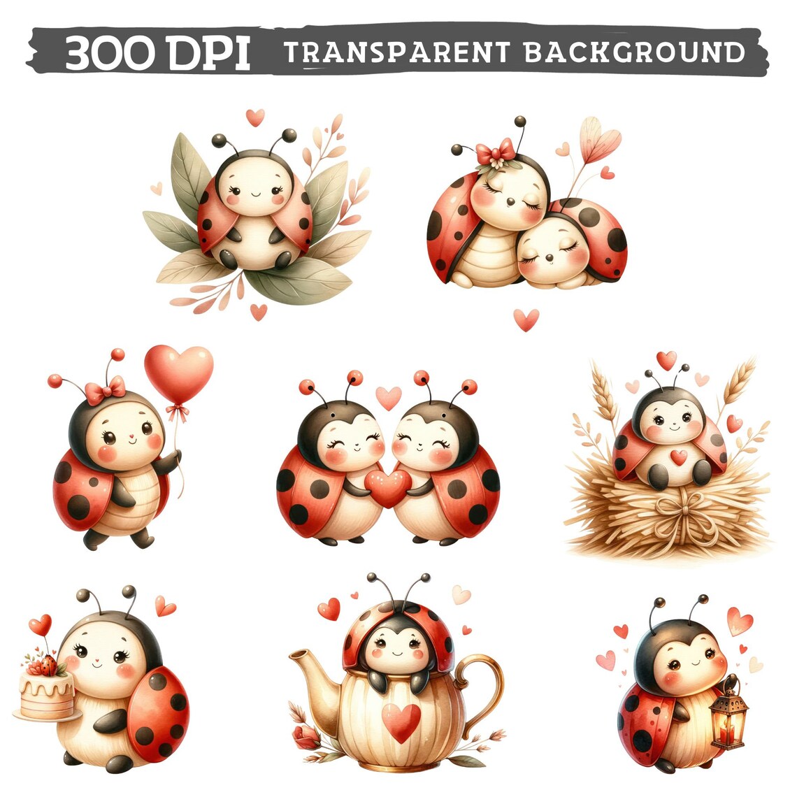 Watercolor Cute Ladybug Valentine Clipart, Ladybug Romantic Valentine's ...