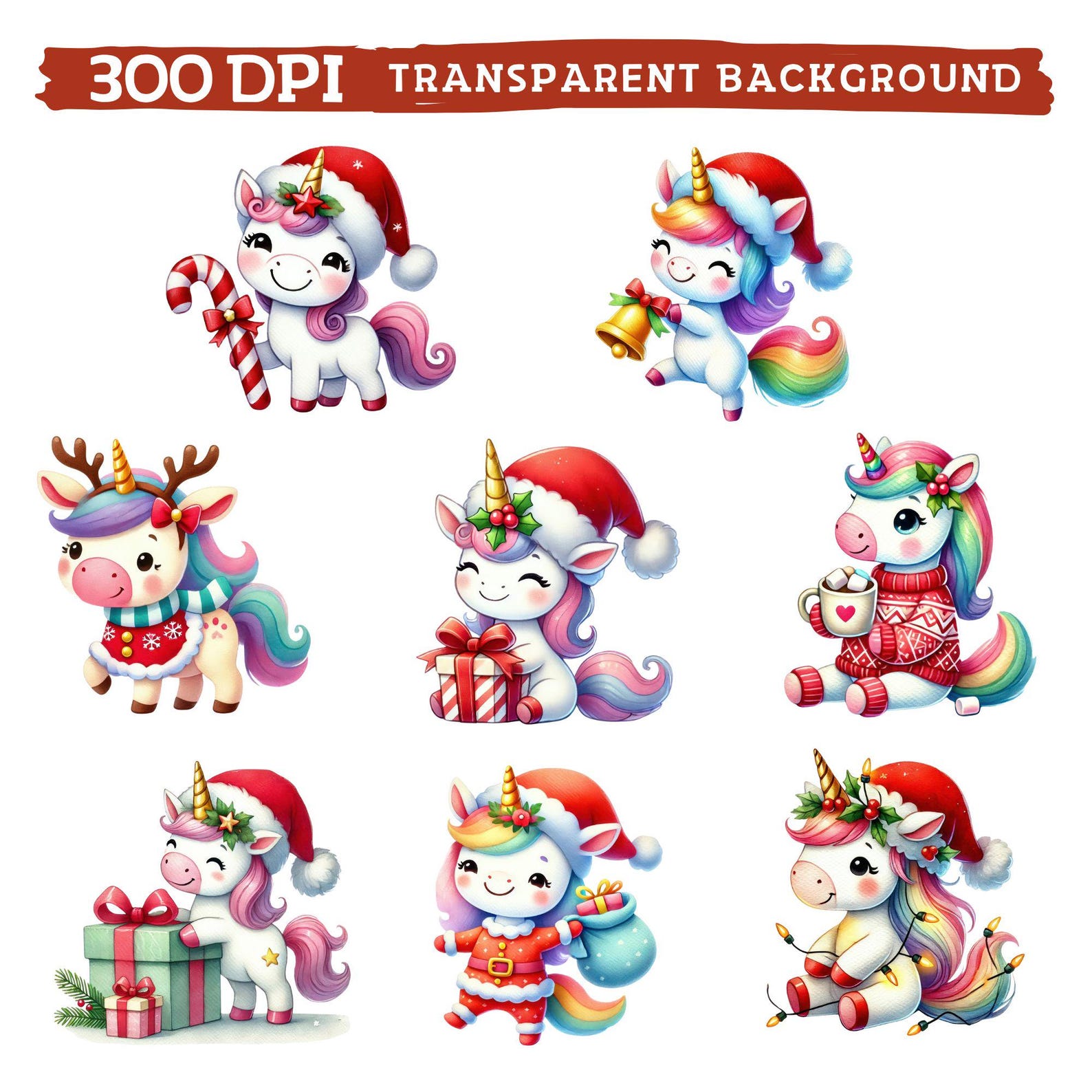 Christmas Unicorn Clipart, Watercolor Cute Holiday Unicorns, Festive ...