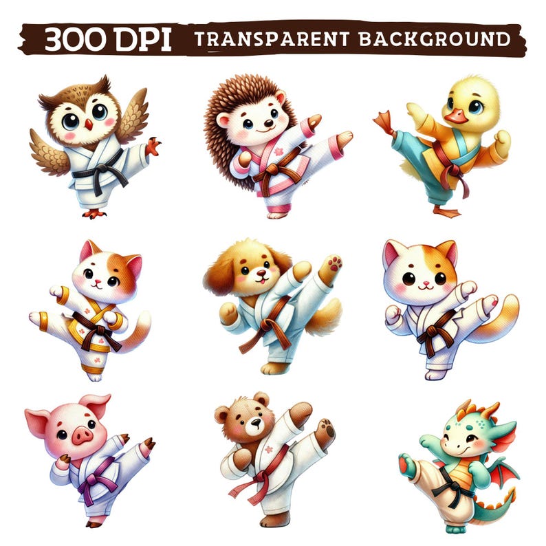Martial Art Animals Clipart, Cute Watercolor Karate Animal, Nursery ...