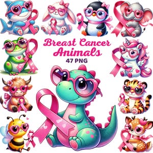 Cute Breast Cancer Awareness Animals Clipart, Watercolor Pink Ribbon ...