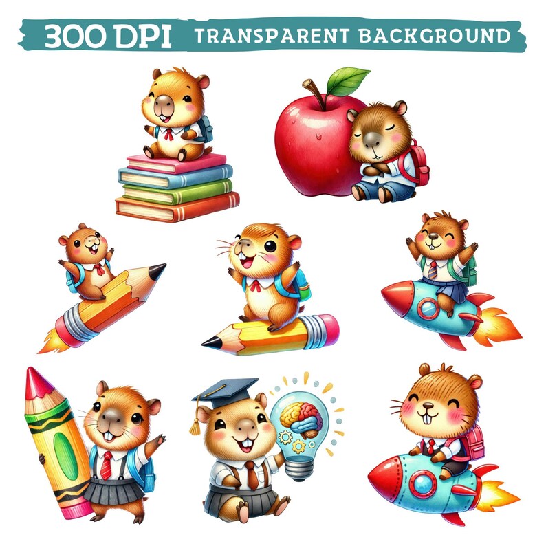 Back to School Capybara Clipart, Watercolor Cute Classroom Nursery ...