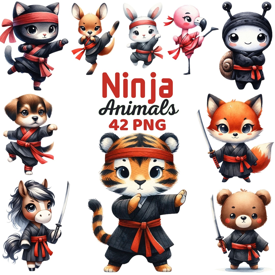 Watercolor Cute Ninja Animals Clipart, Ninja Animal Nursery, Ninja ...