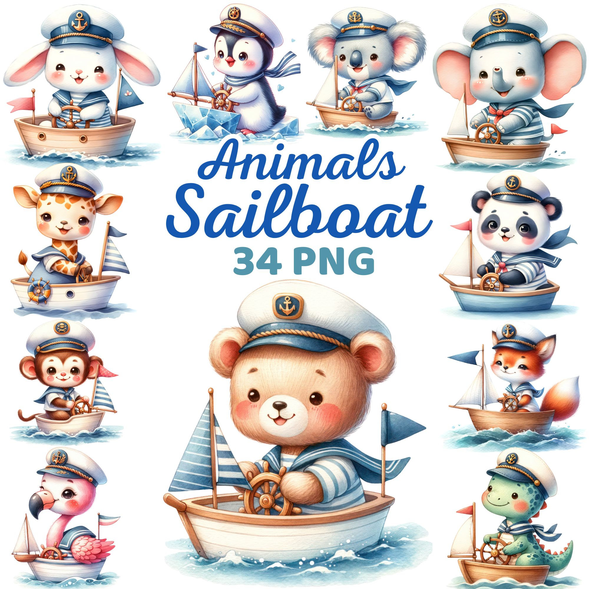 Watercolor Cute Sailor Animals Sailboat Clipart, Sailor Baby Animal ...