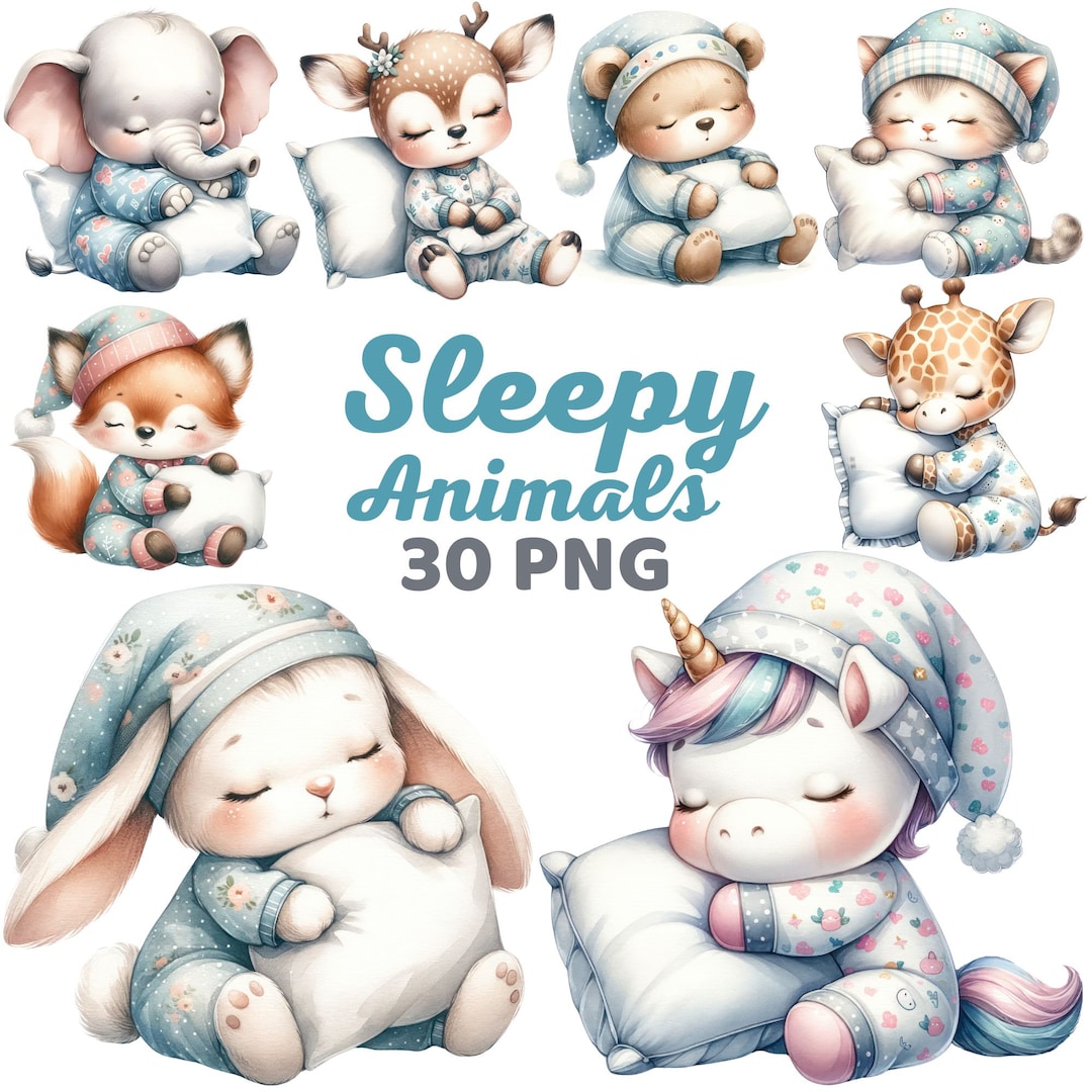 Watercolor Cute Sleepy Animals Clipart, Sleeping Baby Animal Pajamas ...