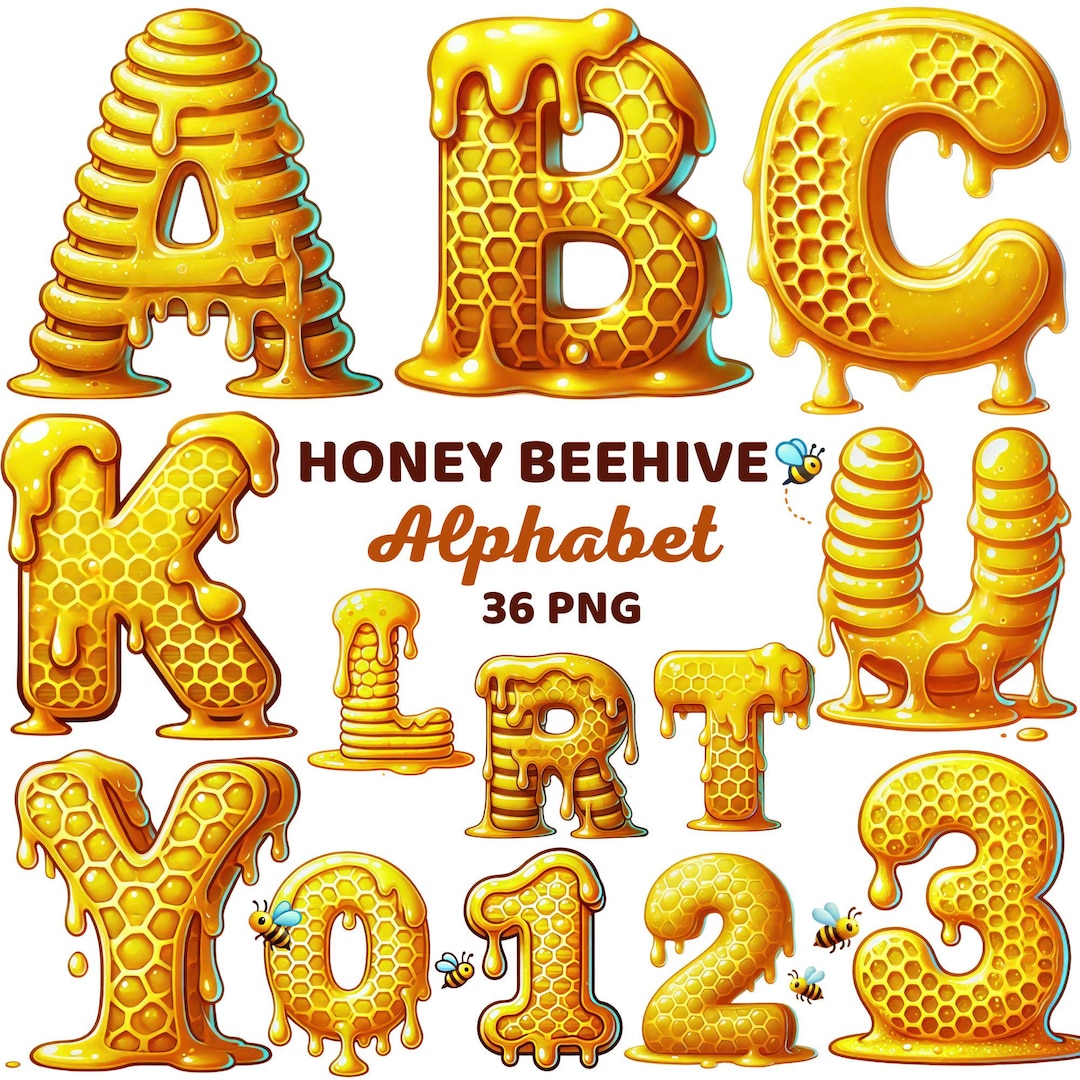 Honey Beehive Alphabet Clipart, Watercolor Dripping Honey Letters ...