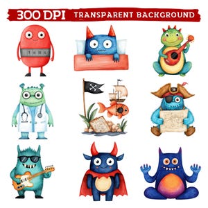 Cute Monster Clipart, Fantasy Creatures, Children Spooky, Watercolor ...