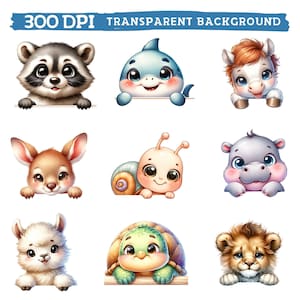 Peeking Animals Clipart, Watercolor Cute Baby Animal Faces Peeking Over ...