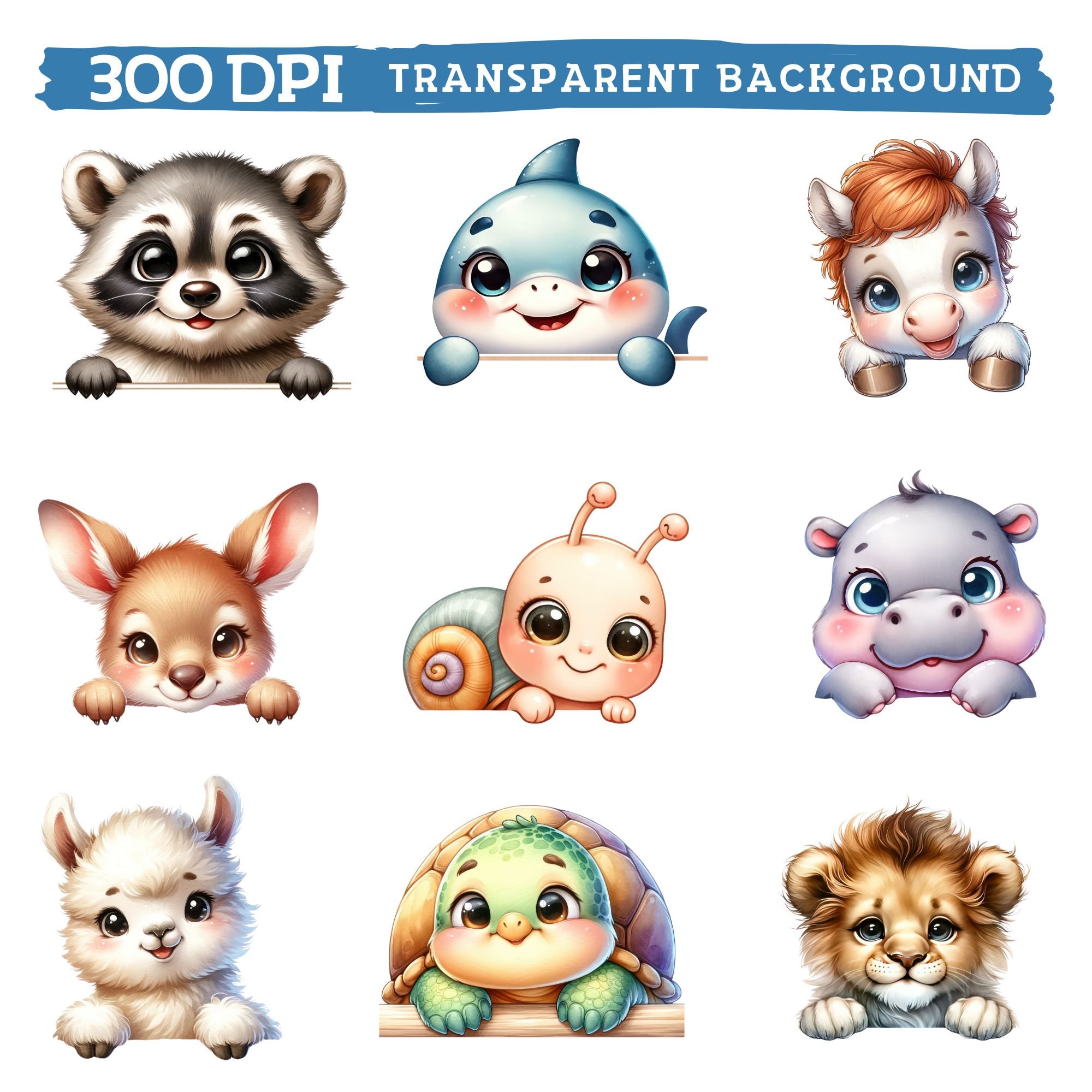 Peeking Animals Clipart, Watercolor Cute Baby Animal Faces Peeking Over ...