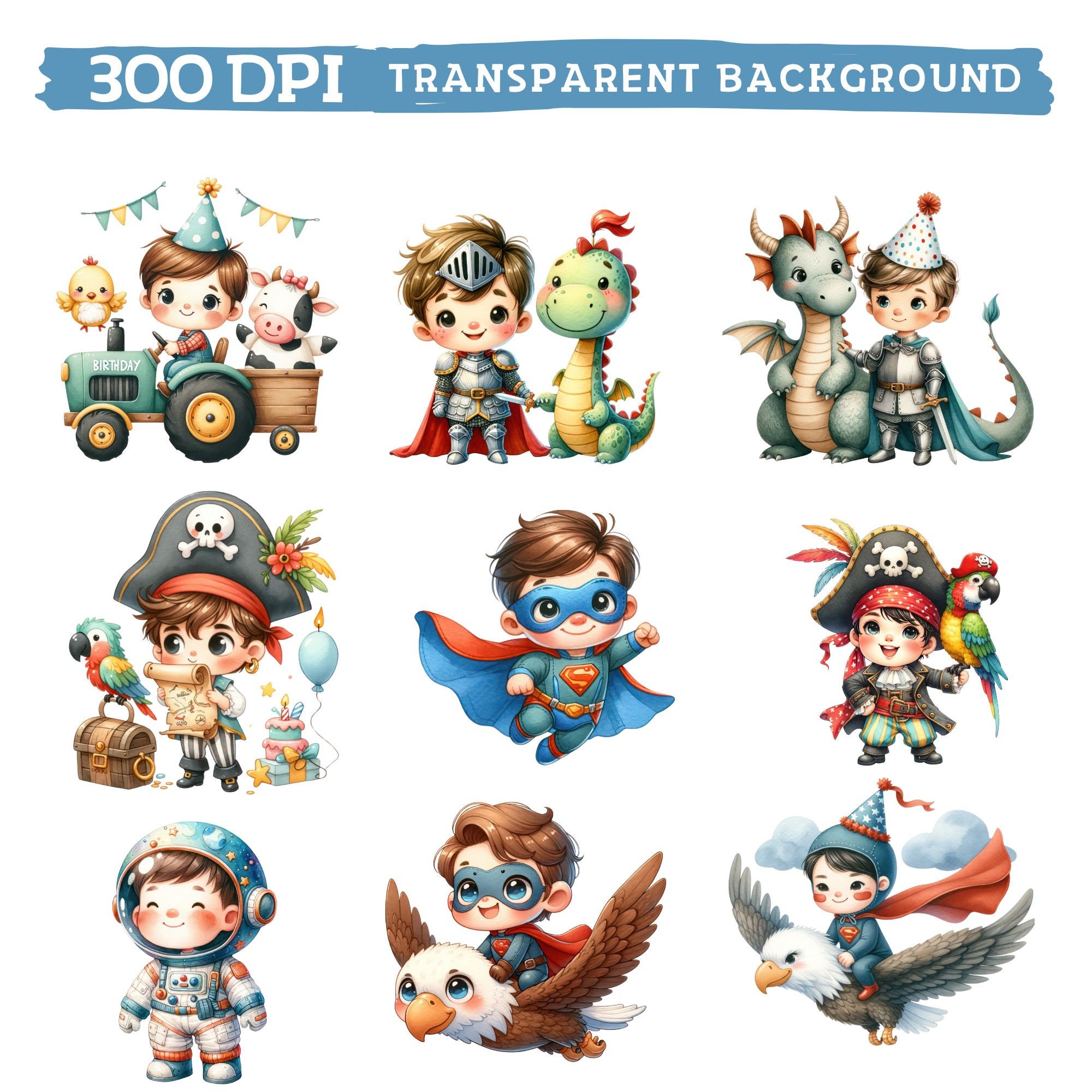 Boys Birthday Clipart, Watercolor Cute & Playful Party Kids Festive ...